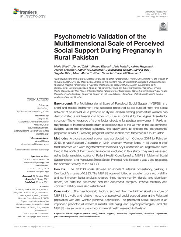 (PDF) Psychometric Validation of the Multidimensional Scale of Perceived Social Support During ...