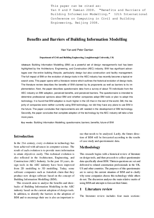 (PDF) Benefits and barriers of building information modelling