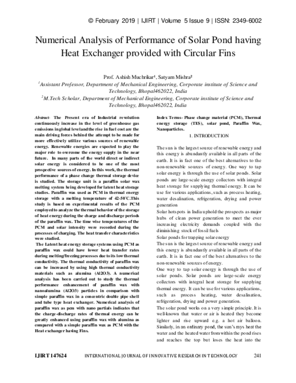 (PDF) Numerical Analysis of Performance of Solar Pond having Heat ...