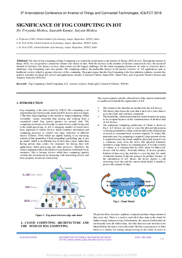 (PDF) Significance of Fog Computing in IoT