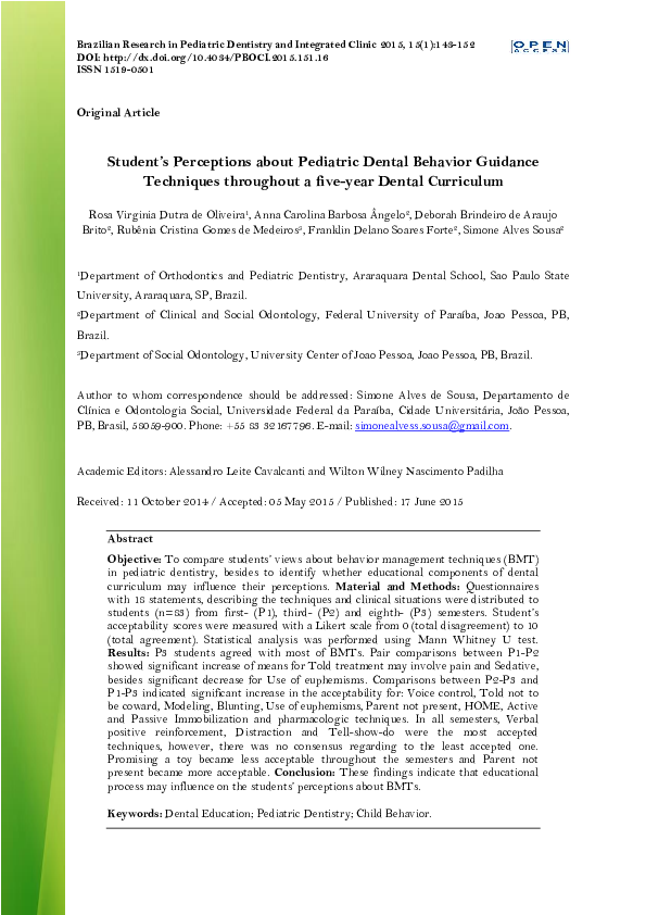 (PDF) Student’s Perceptions about Pediatric Dental Behavior Guidance Techniques throughout a ...