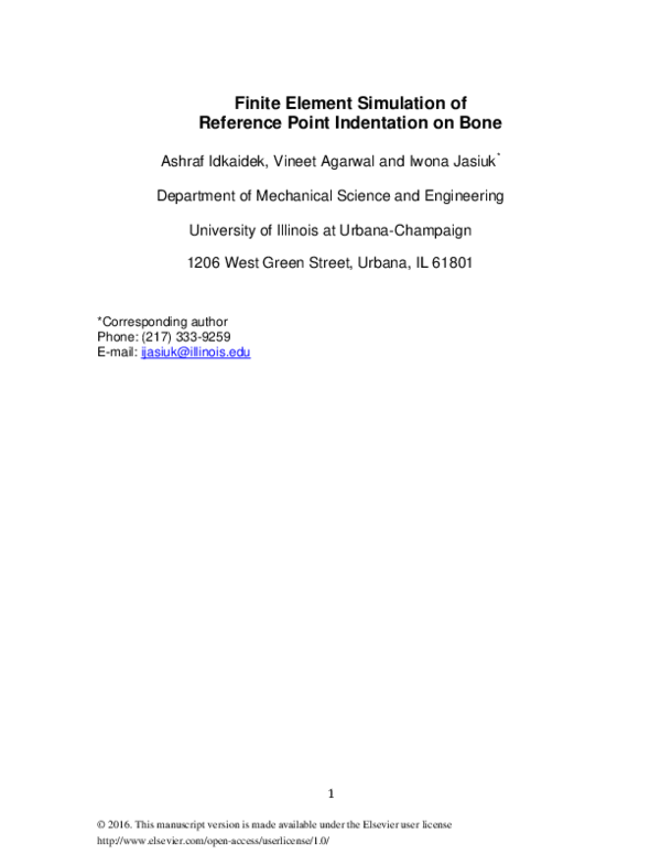 Pdf Finite Element Simulation Of Reference Point Indentation On Bone