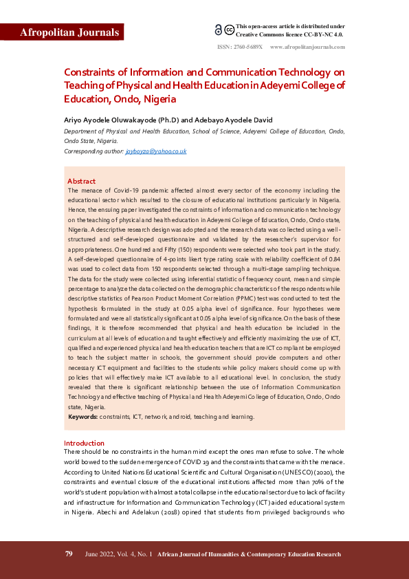 (PDF) Constraints of Information and Communication Technology on Teaching of Physical and Health ...