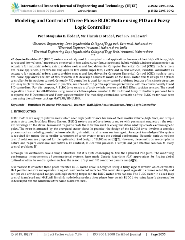 Pdf Modeling And Control Of Three Phase Bldc Motor Using Pid And