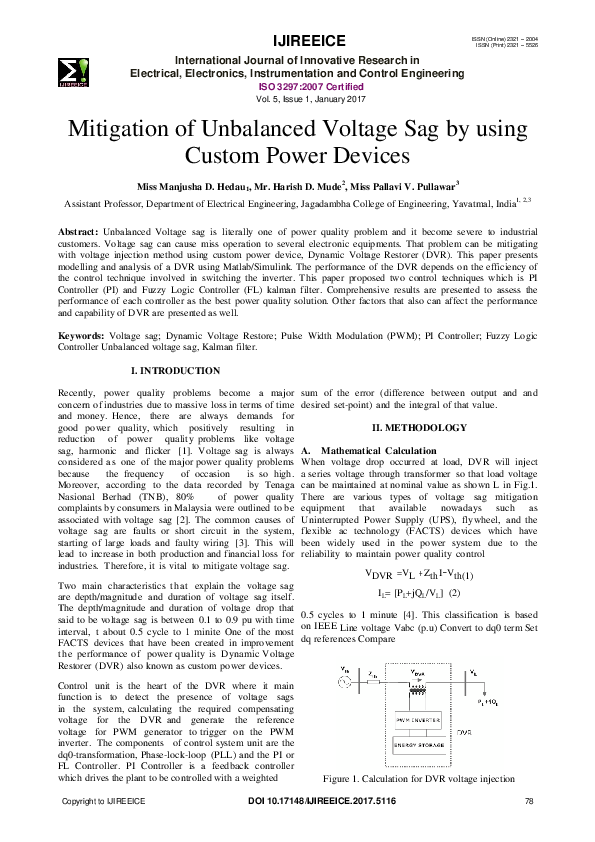 Pdf Mitigation Of Unbalanced Voltage Sag By Using Custom Power