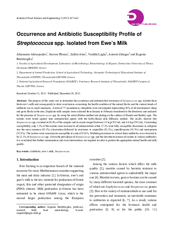 Pdf Occurrence And Antibiotic Susceptibility Profile Of Streptococcus Spp Isolated From Ewes