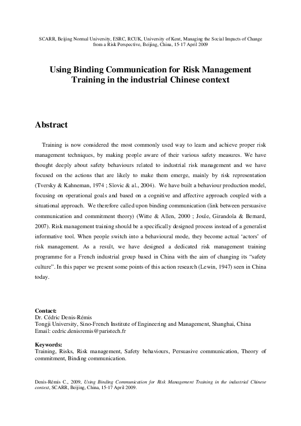 (PDF) Using Binding Communication for Risk Management Training in the industrial Chinese context