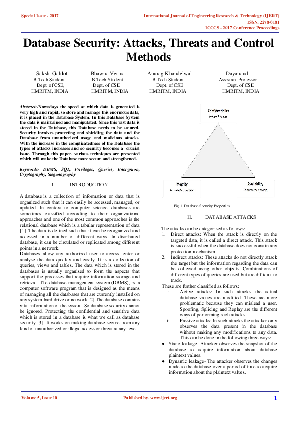 (PDF) Database Security: Attacks, Threats and Control Methods