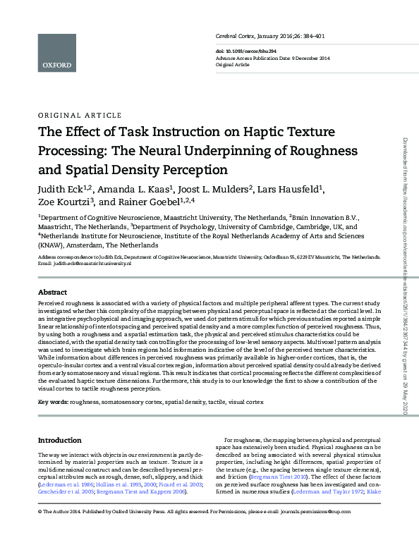 (PDF) The Effect of Task Instruction on Haptic Texture Processing: The ...
