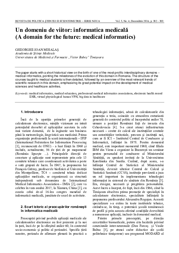 (PDF) Un domeniu de viitor: informatica medicală