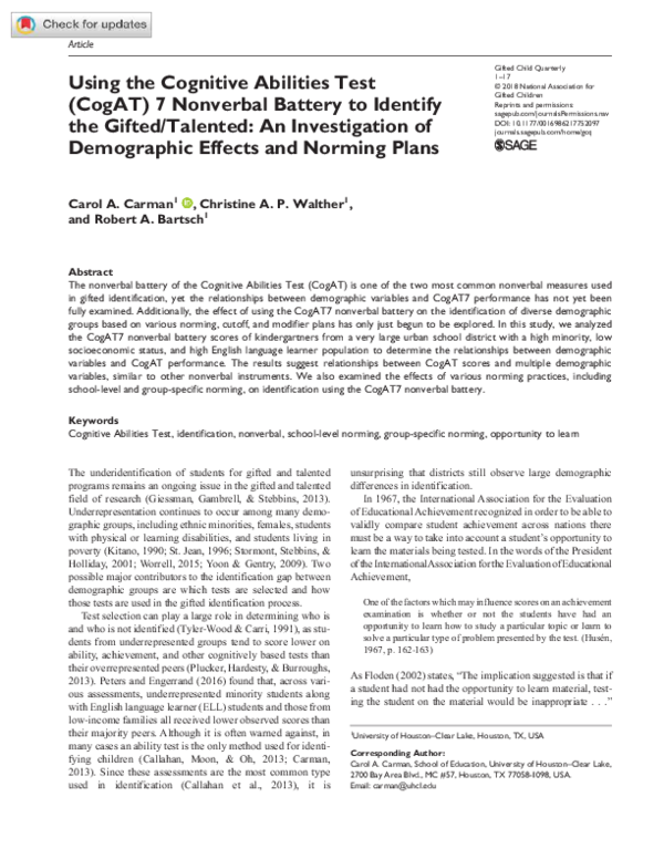 (PDF) Using the Cognitive Abilities Test (CogAT) 7 Nonverbal Battery to ...