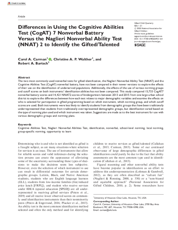 (PDF) Differences in Using the Cognitive Abilities Test (CogAT) 7 ...