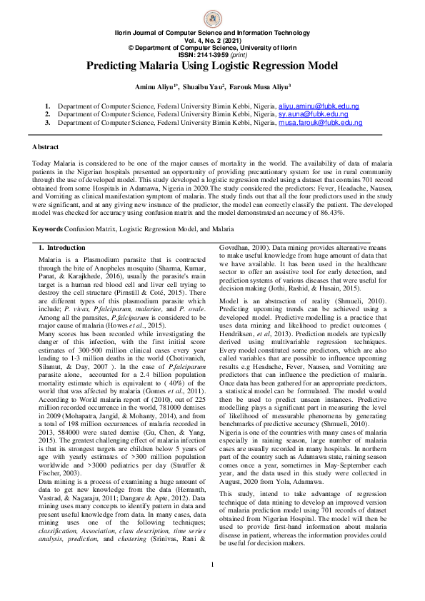 (PDF) Predicting Malaria Using Logistic Regression Model