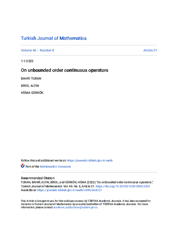 (PDF) On unbounded order continuous operators | Bahri Turan - Academia.edu