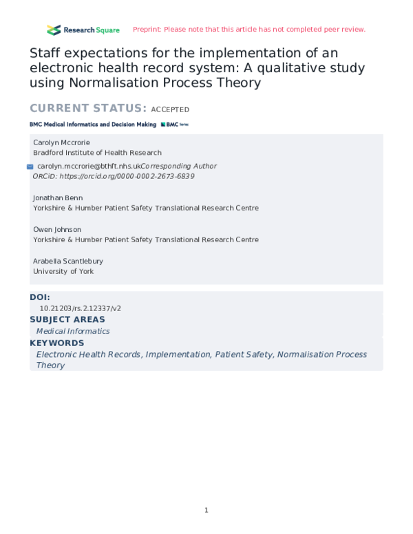(PDF) Staff expectations for the implementation of an electronic health record system: A ...