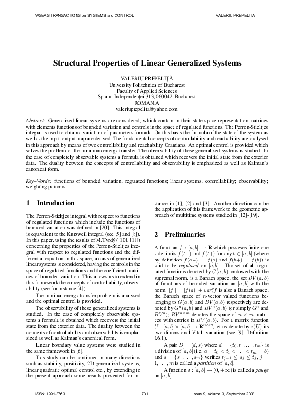 Pdf Structural Properties Of Linear Generalized Systems