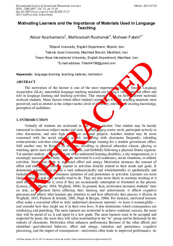 (PDF) Motivating Learners and the Importance of Materials Used in ...