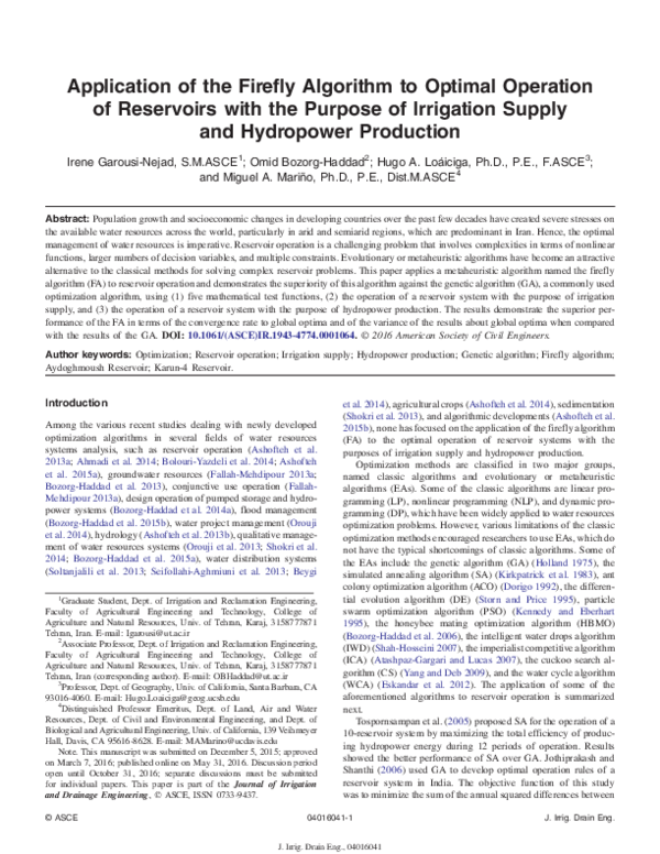 (PDF) Application of the Firefly Algorithm to Optimal Operation of Reservoirs with the Purpose ...