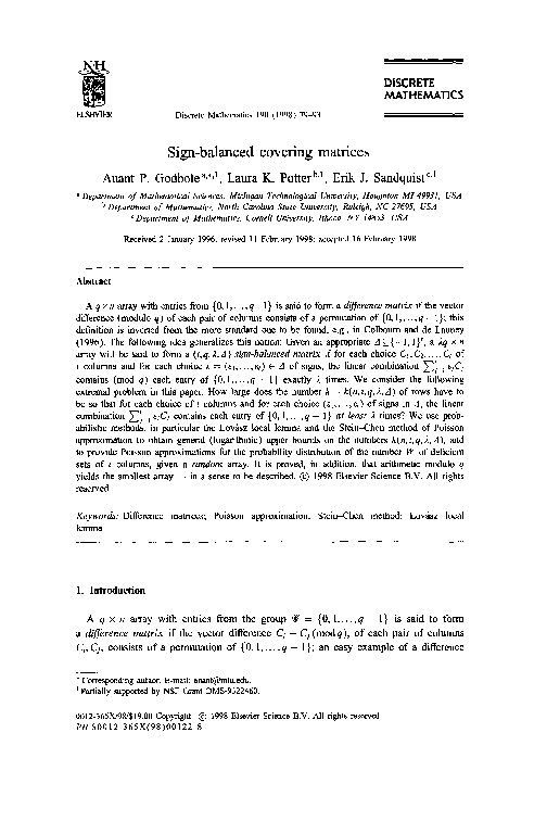 (PDF) Sign-balanced covering matrices | anant godbole - Academia.edu