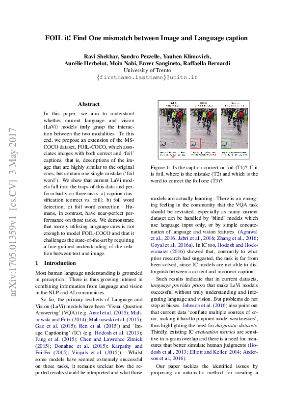 (PDF) FOIL it! Find One mismatch between Image and Language caption