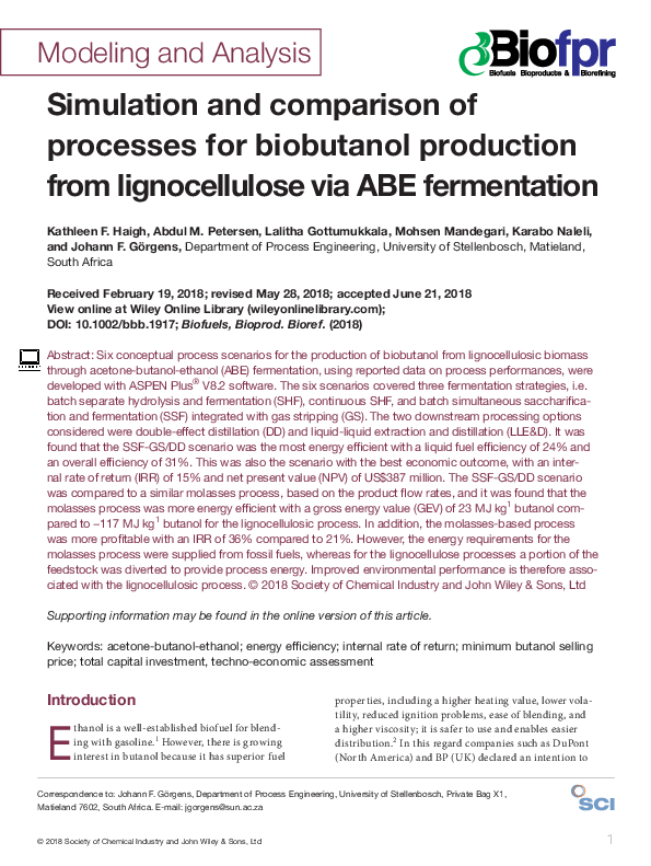 (PDF) Simulation and comparison of processes for biobutanol production ...