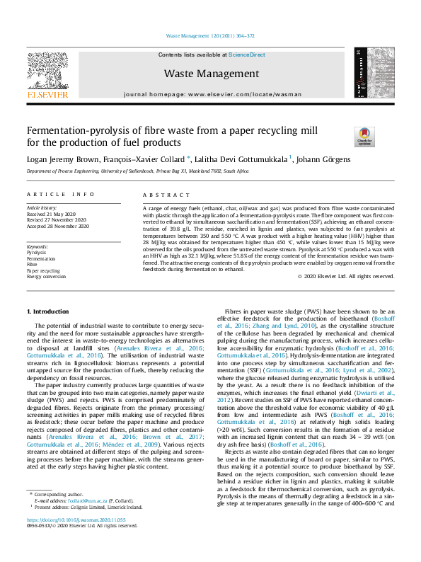 (PDF) Fermentation-pyrolysis of fibre waste from a paper recycling mill ...