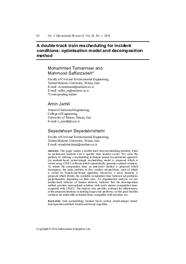 (PDF) A double-track train rescheduling for incident conditions: optimisation model and ...