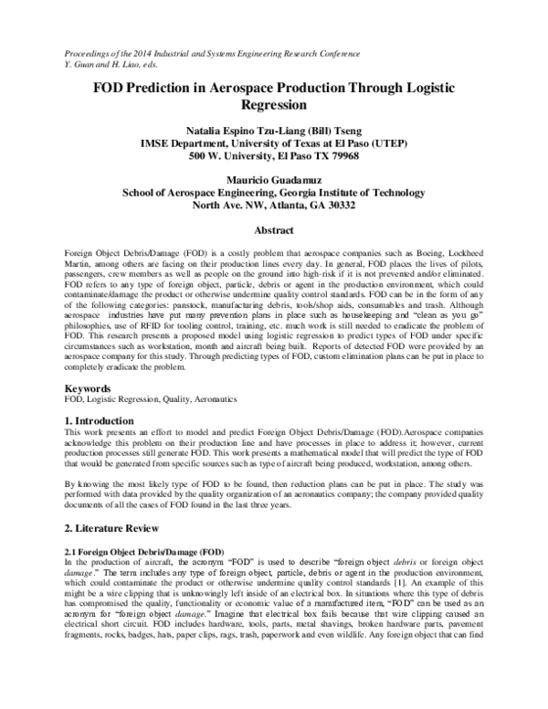 (PDF) FOD Prediction in Aerospace Production Through Logistic Regression