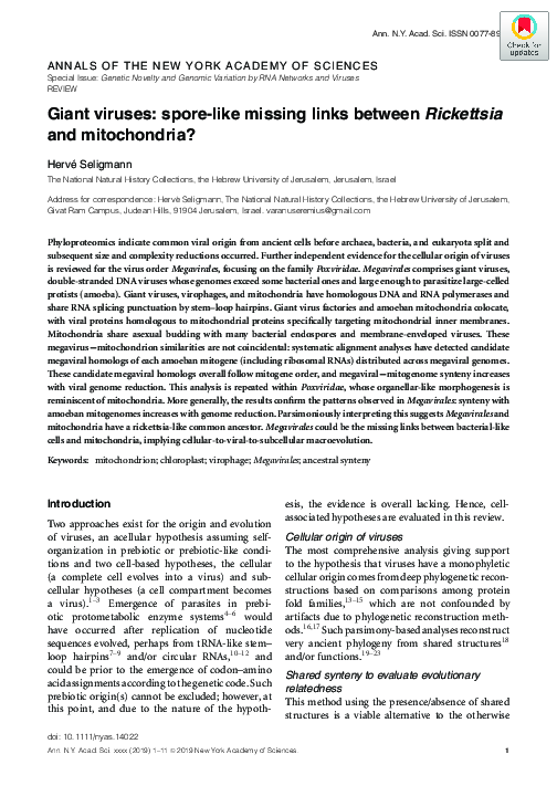 (PDF) Giant viruses: spore‐like missing links between Rickettsia and ...