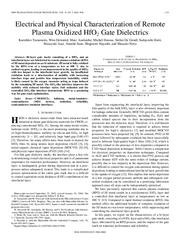 (PDF) Electrical and physical characterization of remote plasma oxidized HfO/sub 2/ gate dielectrics