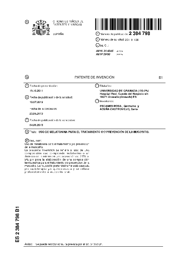(PDF) Uso de melatonina para el tratamiento y/o prevención de la mucositis