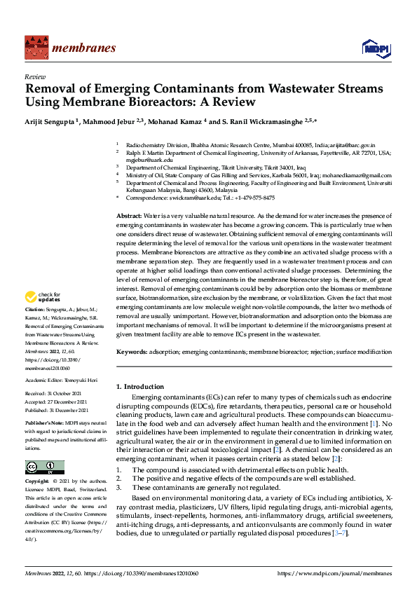 (PDF) Removal of Emerging Contaminants from Wastewater Streams Using Membrane Bioreactors: A Review