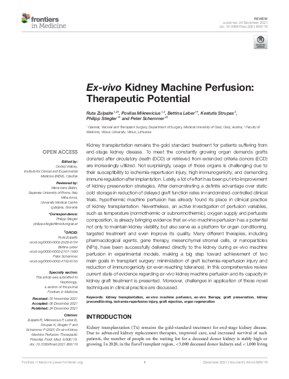 (PDF) Ex-vivo Kidney Machine Perfusion: Therapeutic Potential