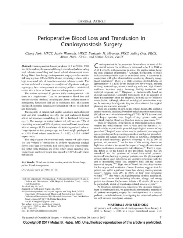 (PDF) Perioperative Blood Loss and Transfusion in Craniosynostosis ...