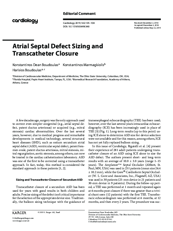 (PDF) Atrial Septal Defect Sizing and Transcatheter Closure