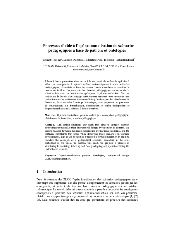 (PDF) Processus d'aide à l'opérationnalisation de scénarios pédagogiques à base de patrons et d ...