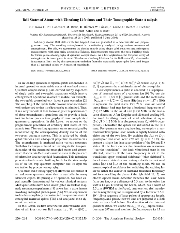 (PDF) Bell States of Atoms with Ultralong Lifetimes and Their ...