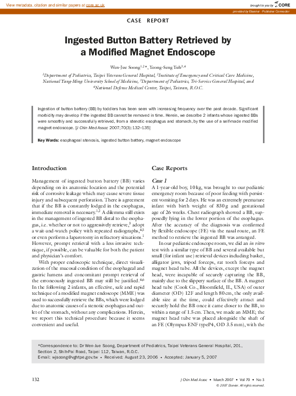 (PDF) Ingested Button Battery Retrieved by a Modified Magnet Endoscope