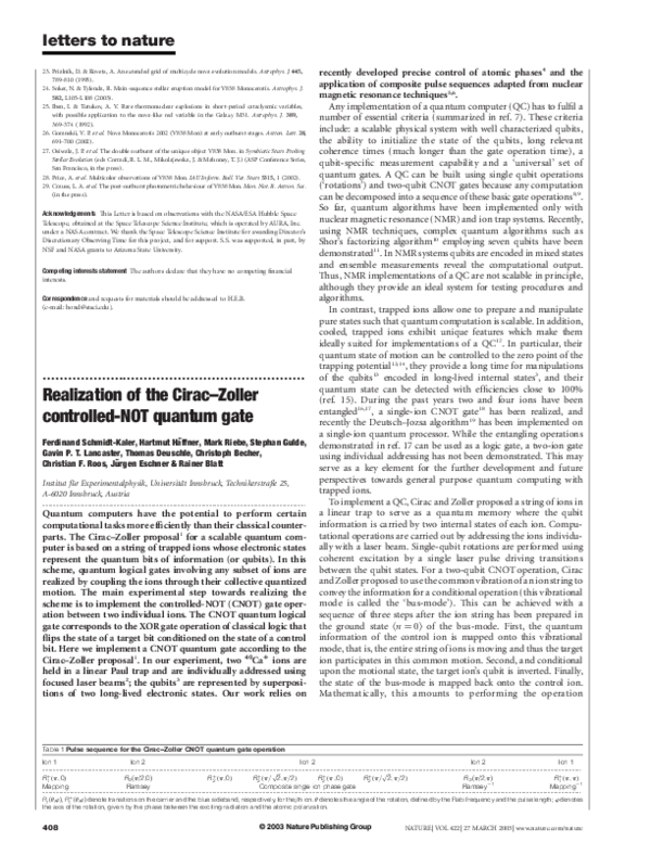 (PDF) Realization of the Cirac–Zoller controlled-NOT quantum gate