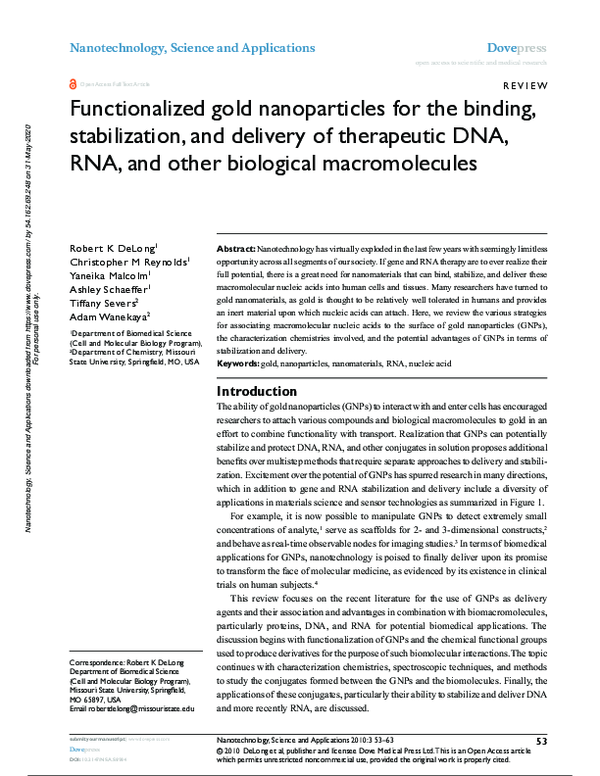 (PDF) Functionalized gold nanoparticles for the binding, stabilization ...