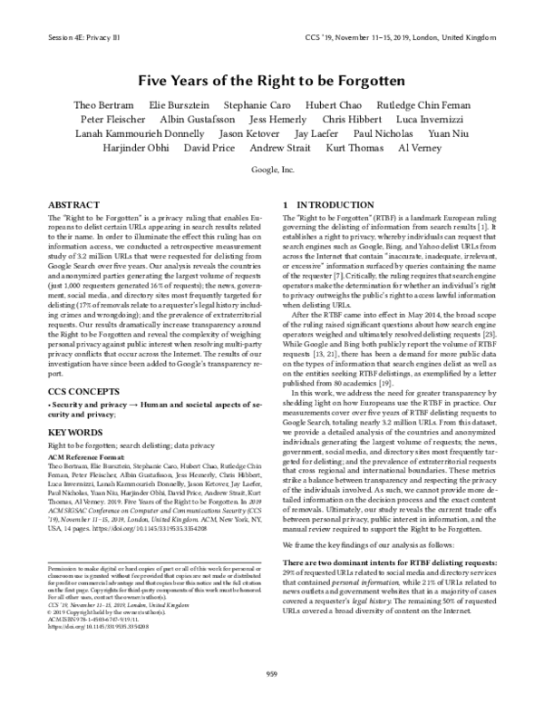 (PDF) Five Years of the Right to be Forgotten