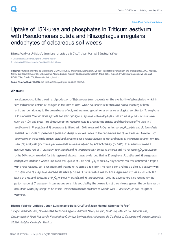 (PDF) Uptake of 15N-urea and phosphates in Triticum aestivum with ...