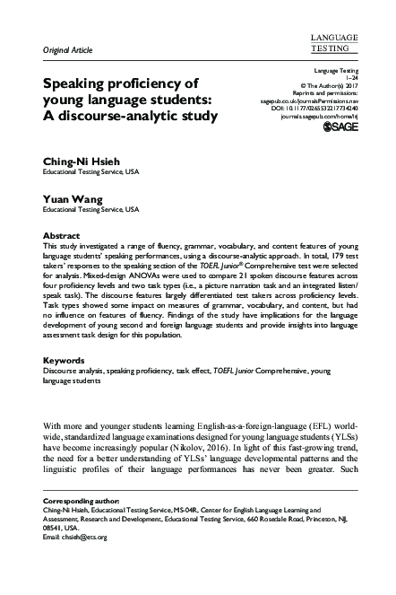(PDF) Speaking proficiency of young language students: A discourse ...