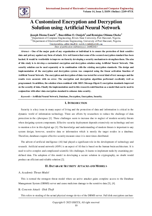 (PDF) A Customized Encryption and Decryption Solution using Artificial Neural Network