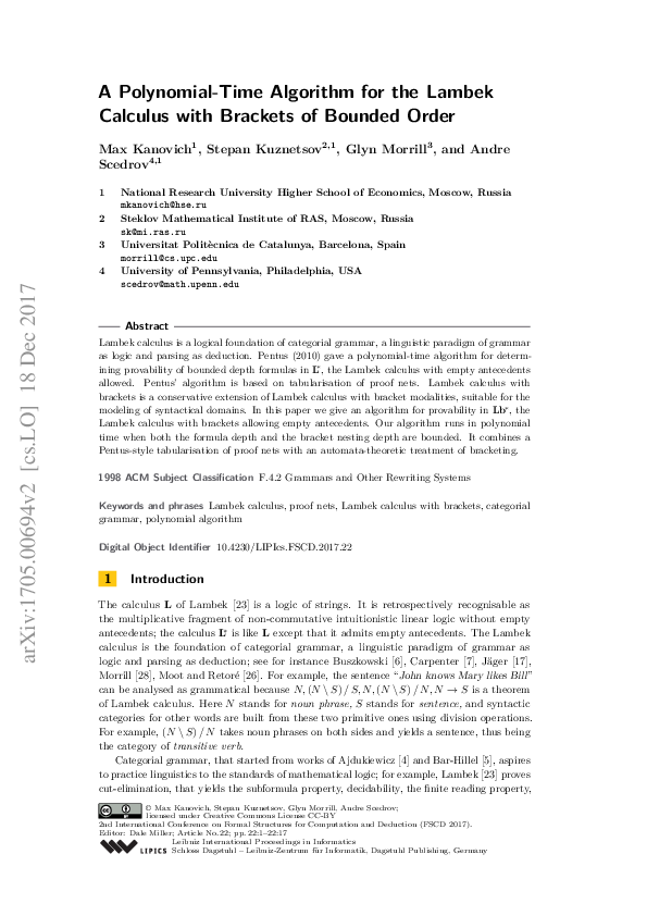 (PDF) A polynomial time algorithm for the Lambek calculus with brackets of bounded order | Glyn ...