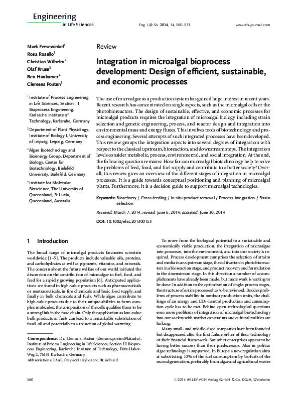 (PDF) Integration in microalgal bioprocess development: Design of efficient, sustainable, and ...