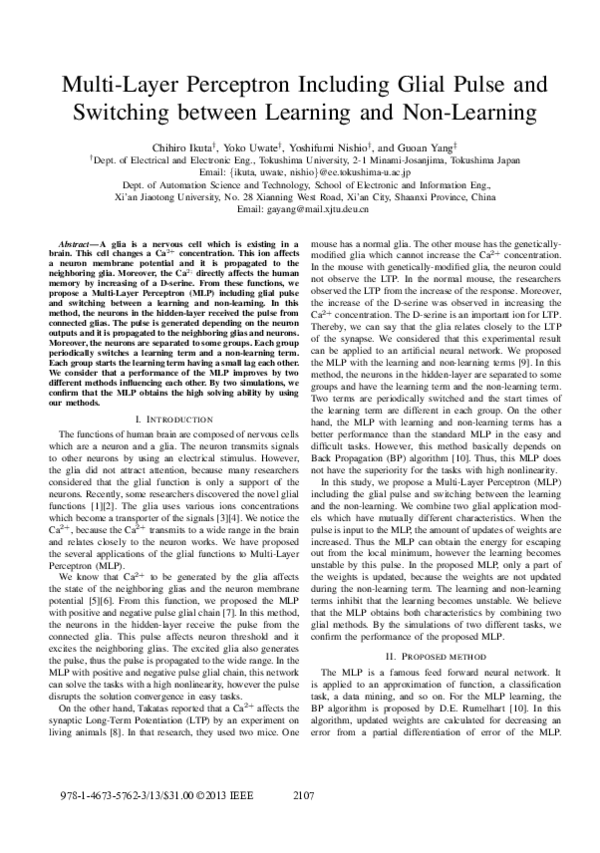 (PDF) Multi-Layer Perceptron including glial pulse and switching between learning and non-learning