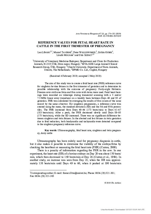 (PDF) Reference values for fetal heart rate in cattle in the first ...
