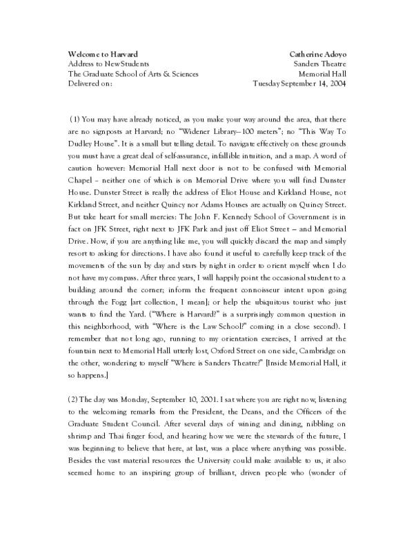 (PDF) Welcome to Harvard (Address to New Students of the Graduate ...