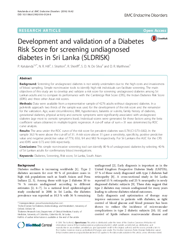 (PDF) Development and validation of a Diabetes Risk Score for screening ...